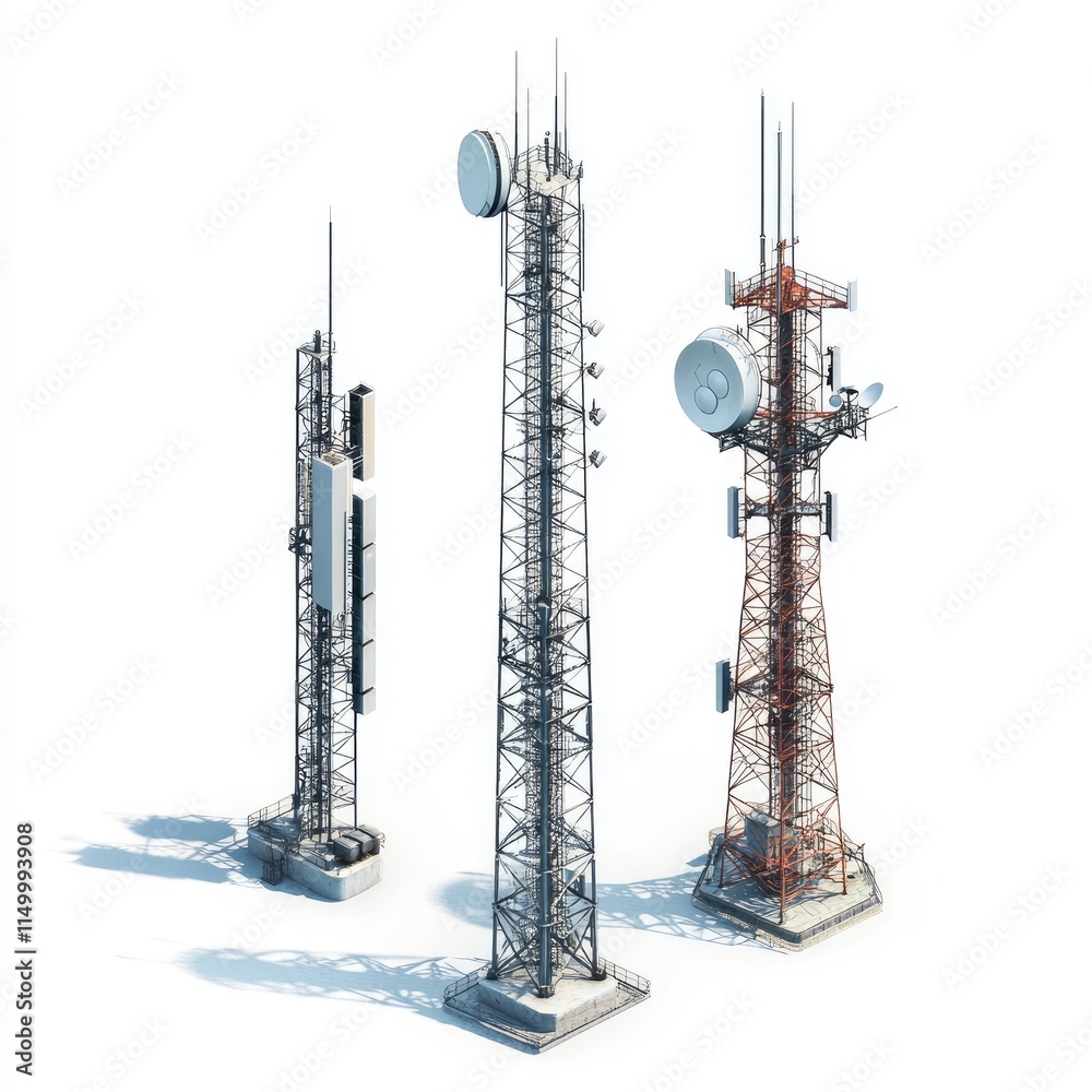 High-resolution, white background, 3D model of three different types of very tall communication ...