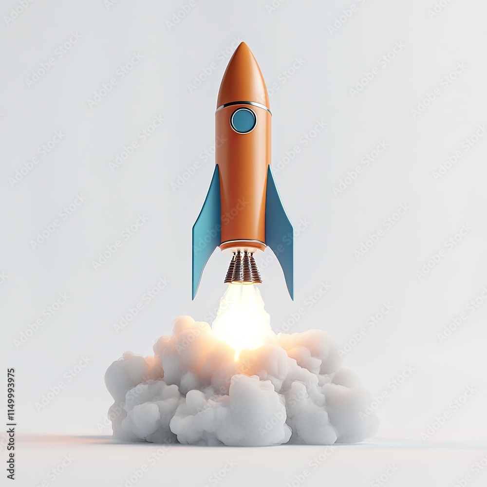 Cute cartoon rocket icon, orange and white color scheme, white ...