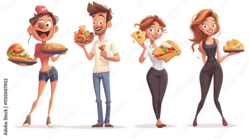 People, hungry persons eating different foods. Cartoon characters eat ...