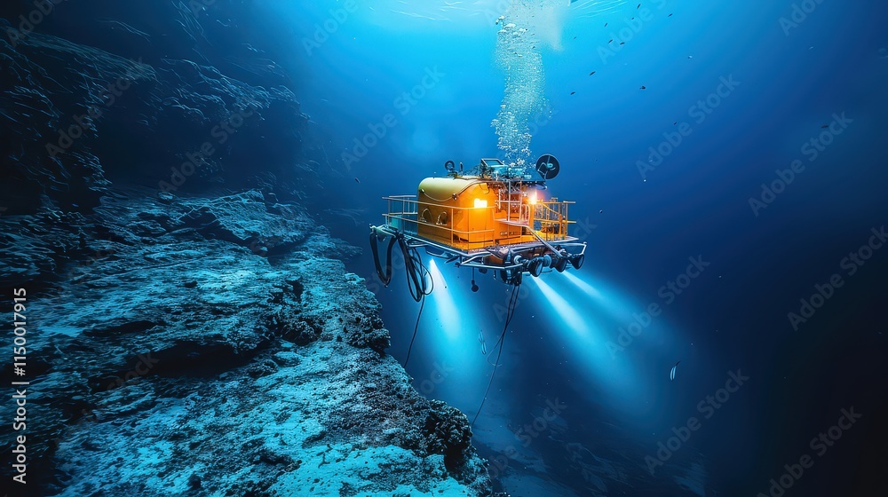 Workers operating an underwater remotely operated vehicle (ROV) in an ...