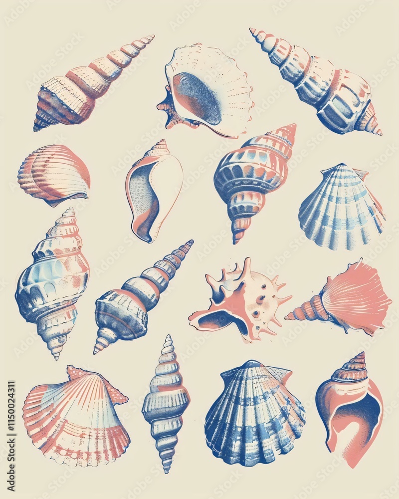 Collection seashells various shapes sizes depicted limited pastel color ...