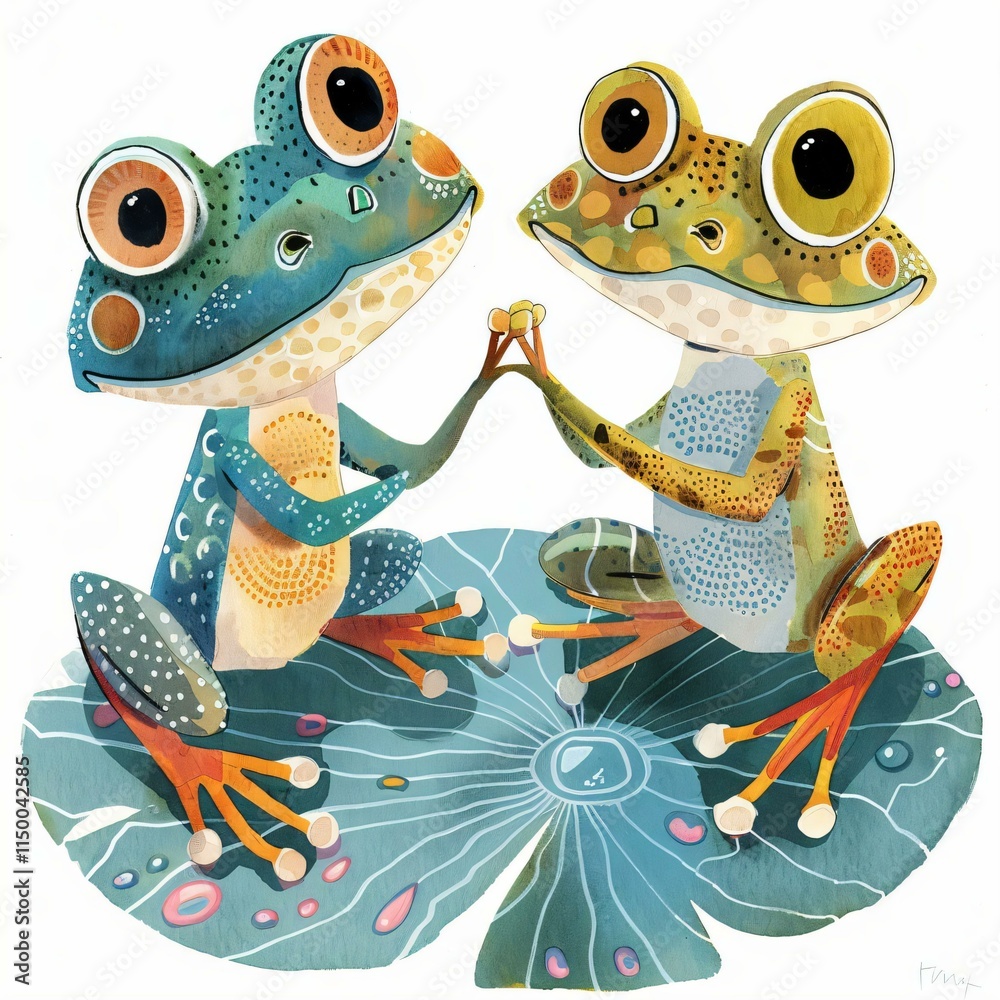 Two whimsical anthropomorphized frogs sit intertwined textured lily pad ...