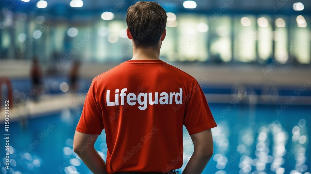In a bright indoor swimming pool setting, a vigilant lifeguard in a red ...