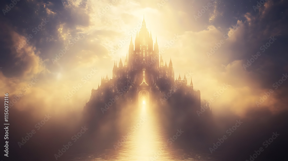 Celestial Castle: A majestic castle emerges from a mystical fog, bathed ...