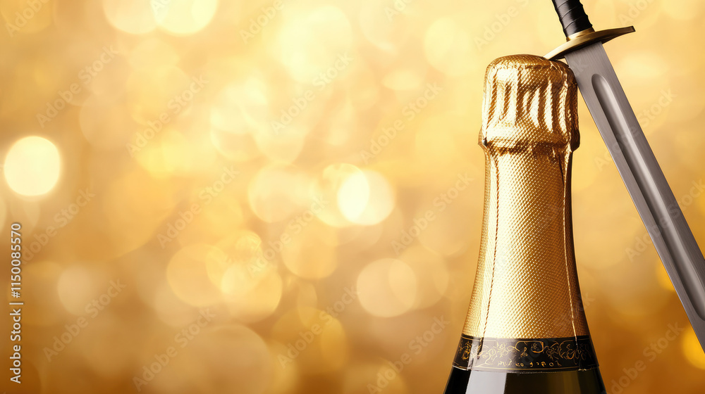 Champagne bottle opened by a sword. A sword cuts off the cap of a ...