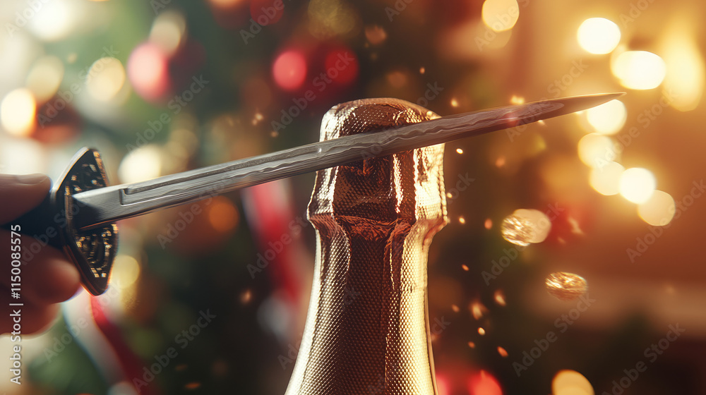 Champagne bottle opened by a sword. A sword cuts off the cap of a ...