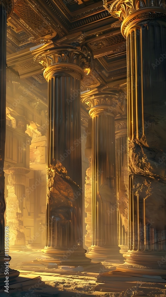 golden light illuminates ancient pillars, representing strength and ...