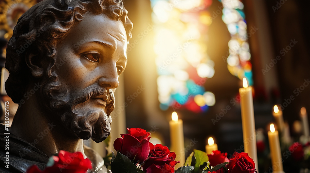 statue of Saint Valentine with a tender expression, placed on an altar ...