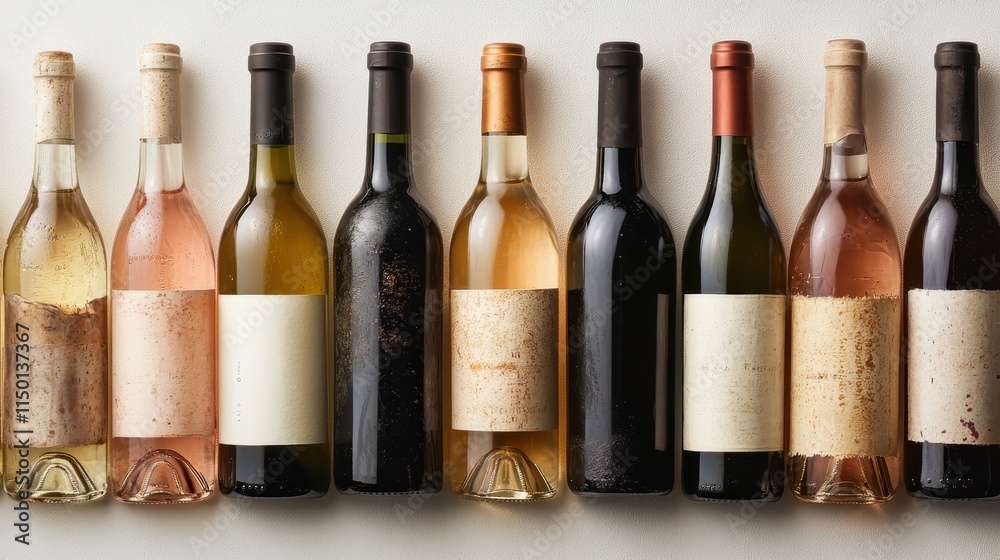 A collection of assorted wine bottles with rustic and varied labels are ...