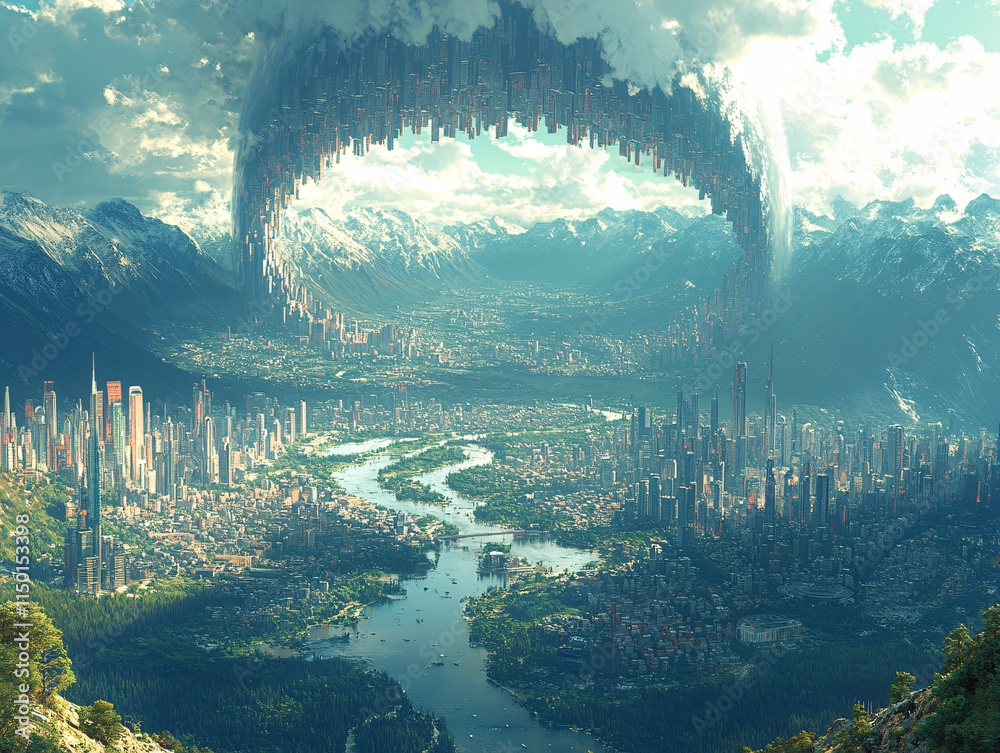 a futuristic city built on a floating island, with tall buildings and a ...