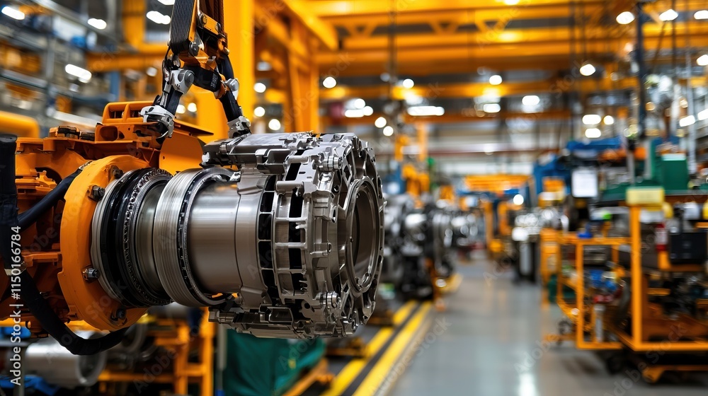 A highly detailed industrial setting showcasing a robotic arm holding ...