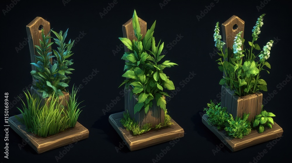 Three stylized wooden planters with various lush green plants against a ...