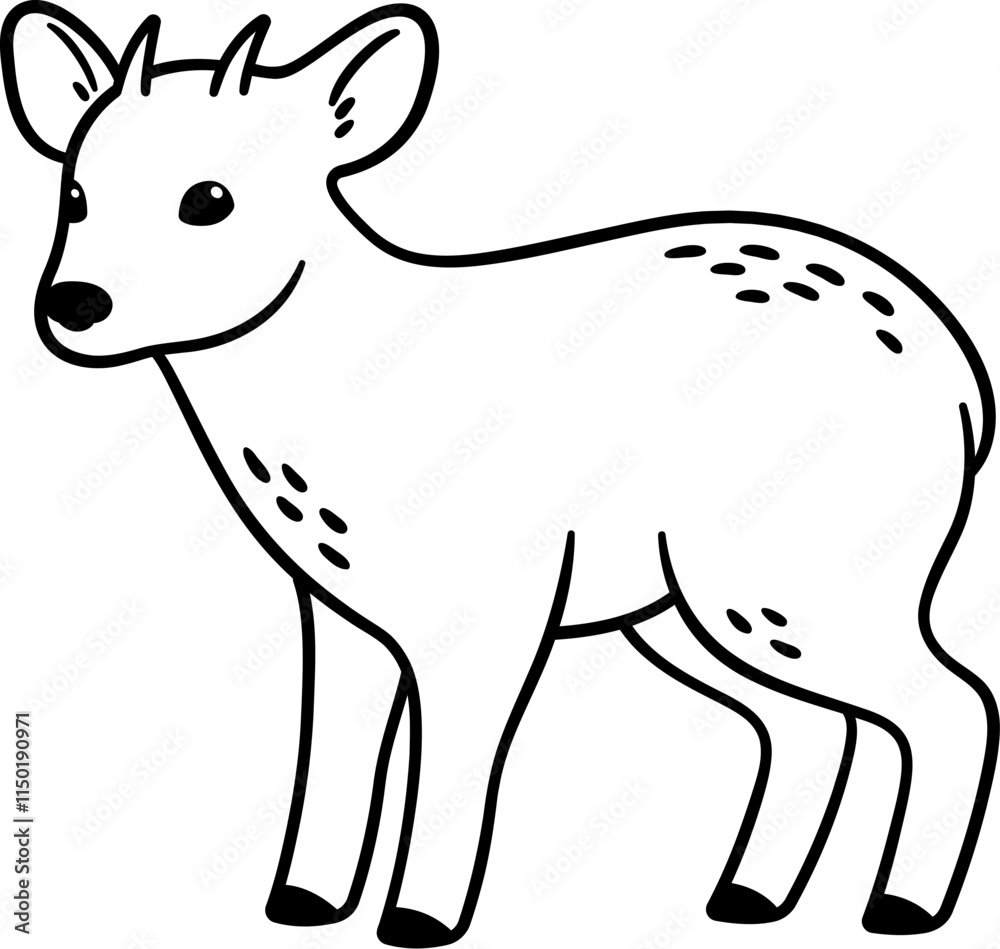 Pudu, small South American deer. Black and white line art drawing. Cute ...