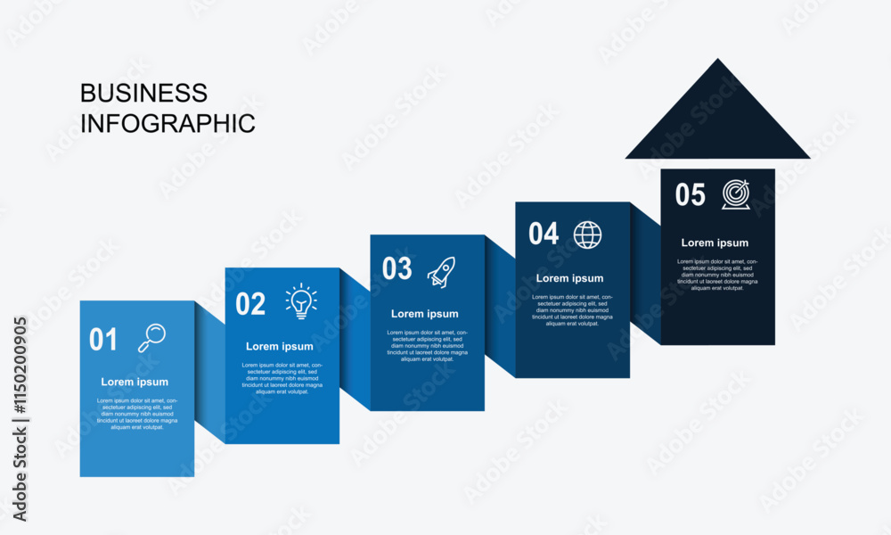 5 step process infographic template with paper style and blue colour ...