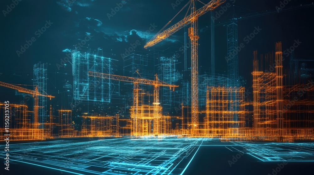 High-tech construction site with glowing blueprints Stock Photo | Adobe ...