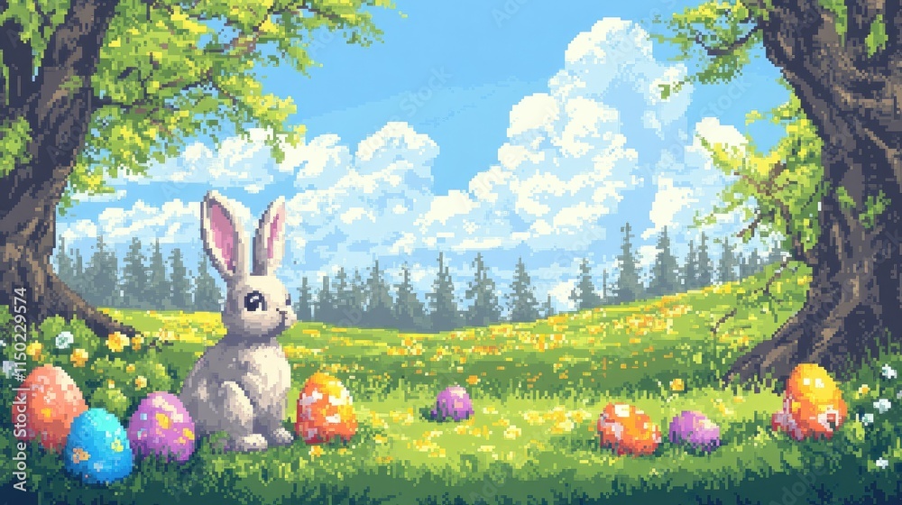Retro 16-bit scene featuring a bunny in a digital meadow, surrounded by ...
