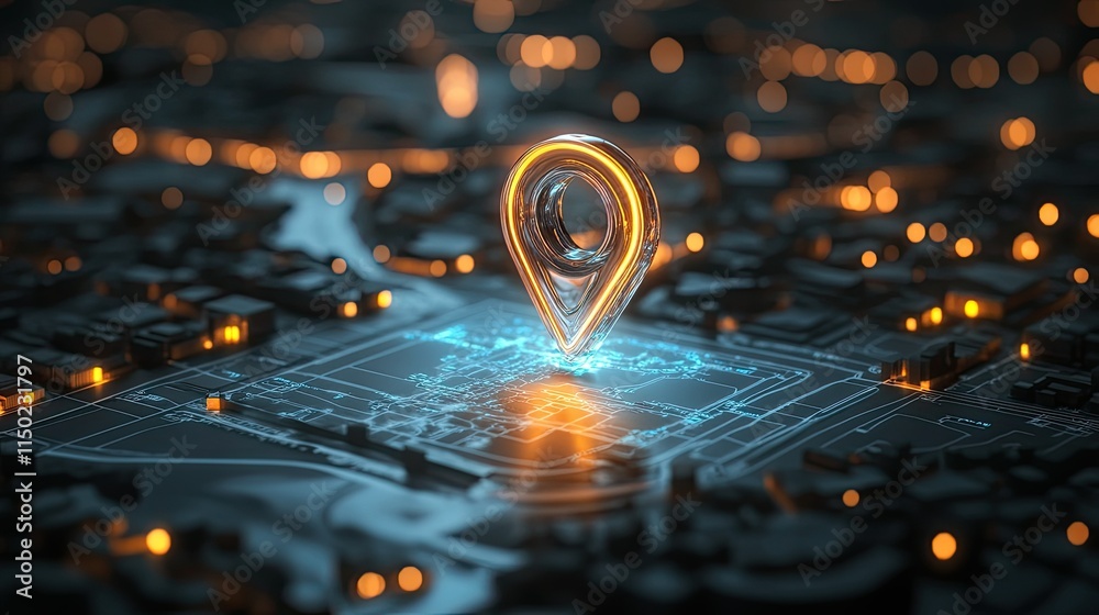 Transparent 3D map pin emitting a holographic city map, blending ...