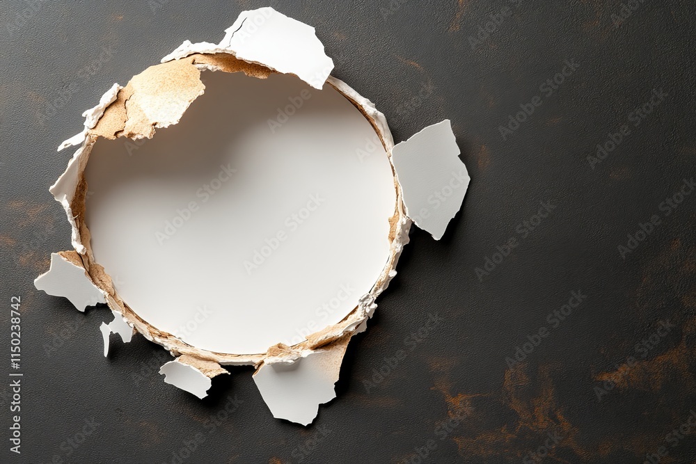 Torn paper circle on textured background creates an illusion of a hole ...