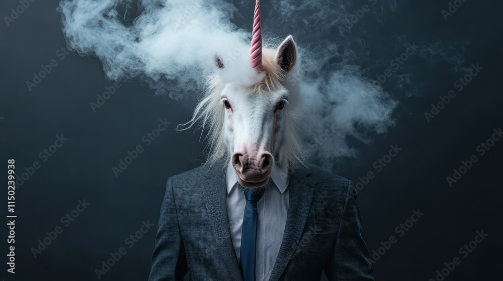 A unicorn head in full suit stands amidst swirling smoke, set against a ...