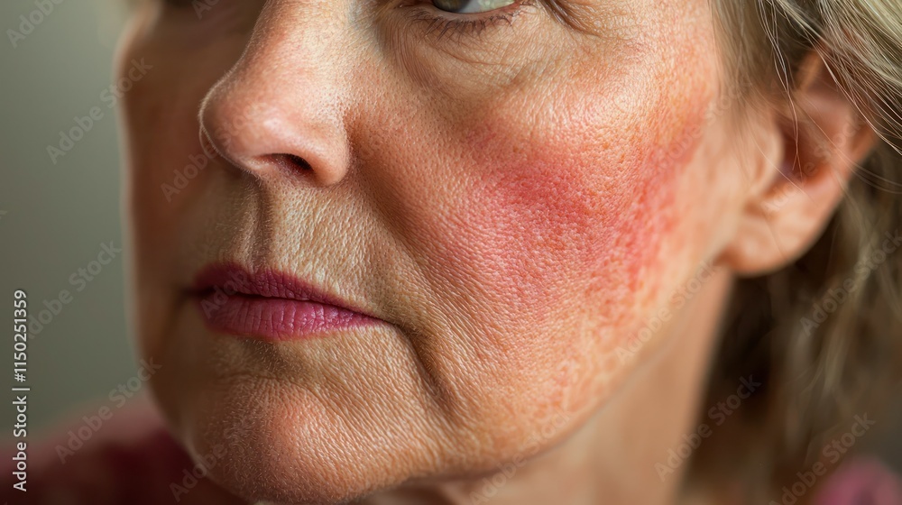 Photo Stock Closeup image of womans red facial rash caused by lupus ...