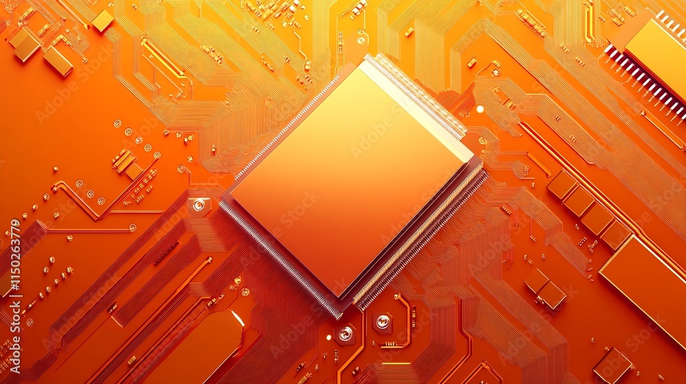 Orange microchip in high detail representing cutting edge semiconductor ...