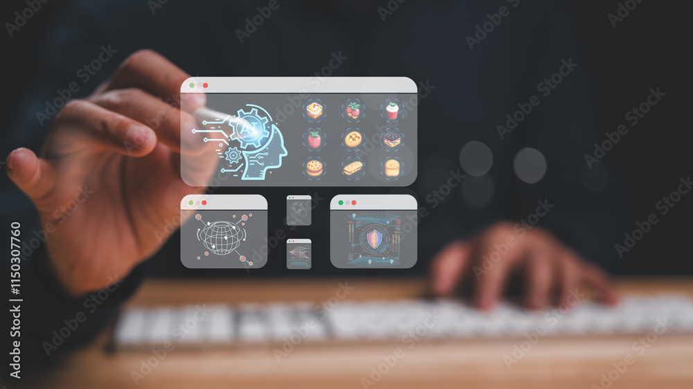Person interacts with holographic displays featuring AI-related icons and data visualizations ...