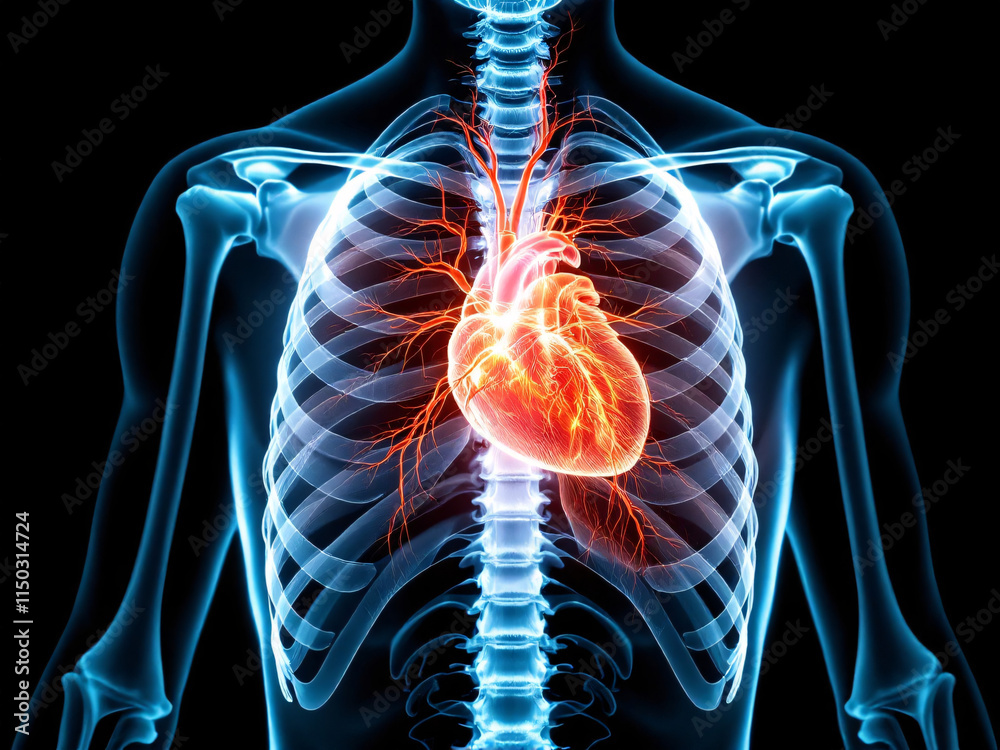 Human circulatory system with heart and major blood vessels inside the ...