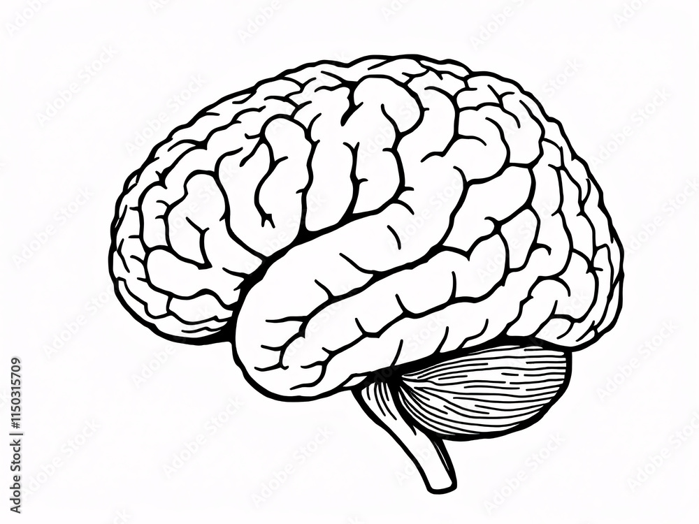 Black and white illustration of the human brain, side view, detailed ...