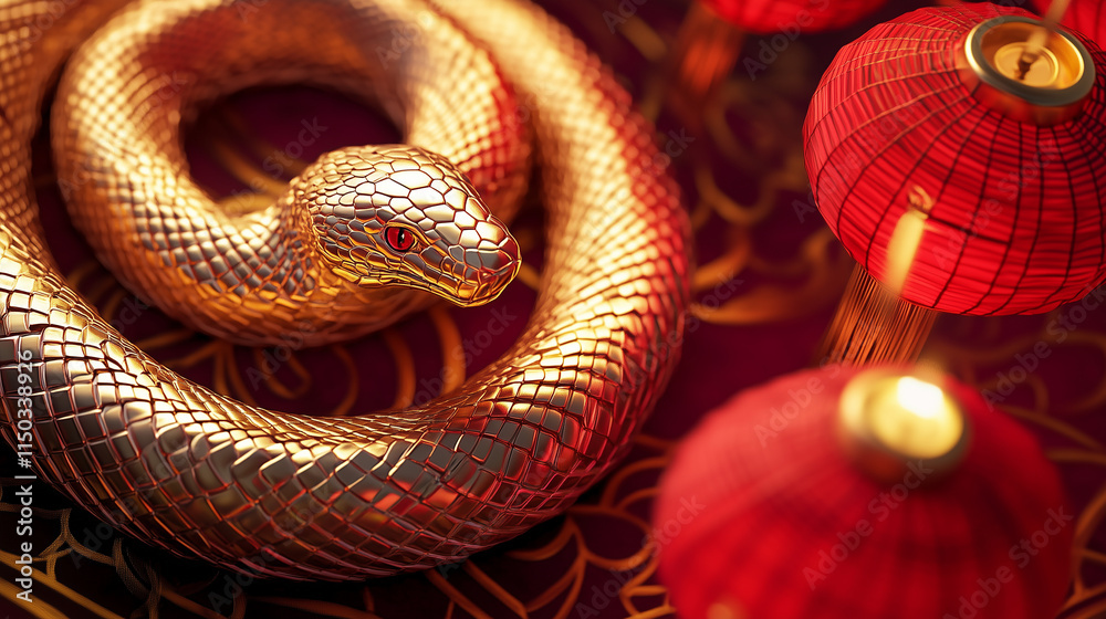 Elegant golden snake coiled in a circular shape with red lanterns and ...