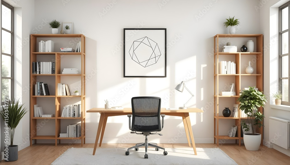 modern minimalist study room with bookshelf and geometric art poster ...