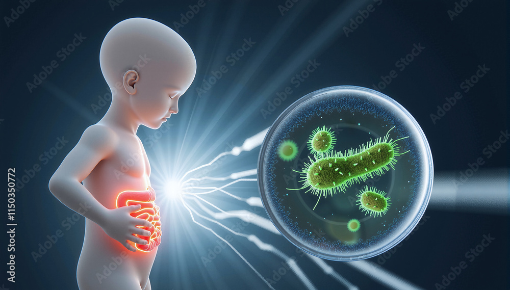 A kid human experiencing abdominal pain due to Norovirus, a medical or ...