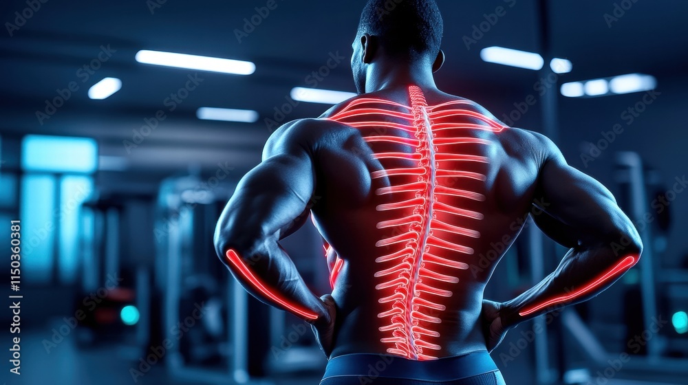 Athletic man showcasing muscular back anatomy in a modern gym ...