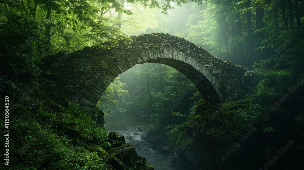 View from a stone bridge arching over a ravine in the middle of a dense ...