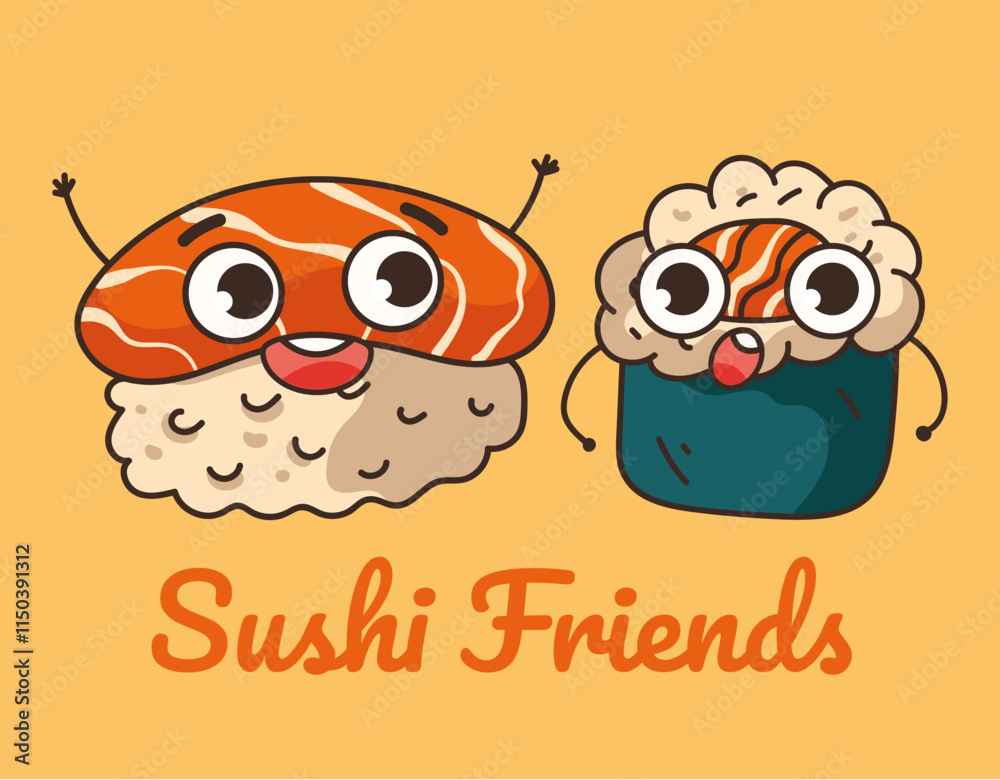 Sushi roll characters with soy sauce isolated set. Vector flat cartoon ...