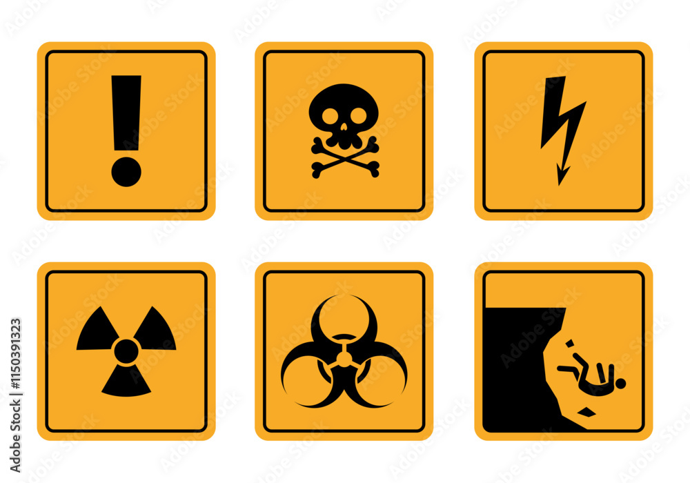 Warning attention pictogram danger safety yellow sign isolated set ...