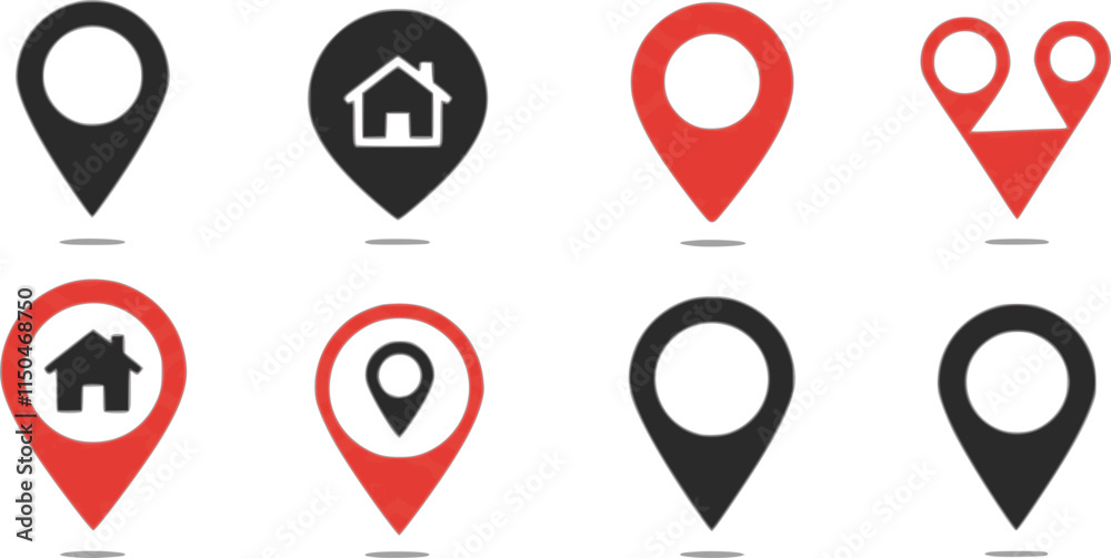 location icon set map pointer pin sign symbol red black outline ...