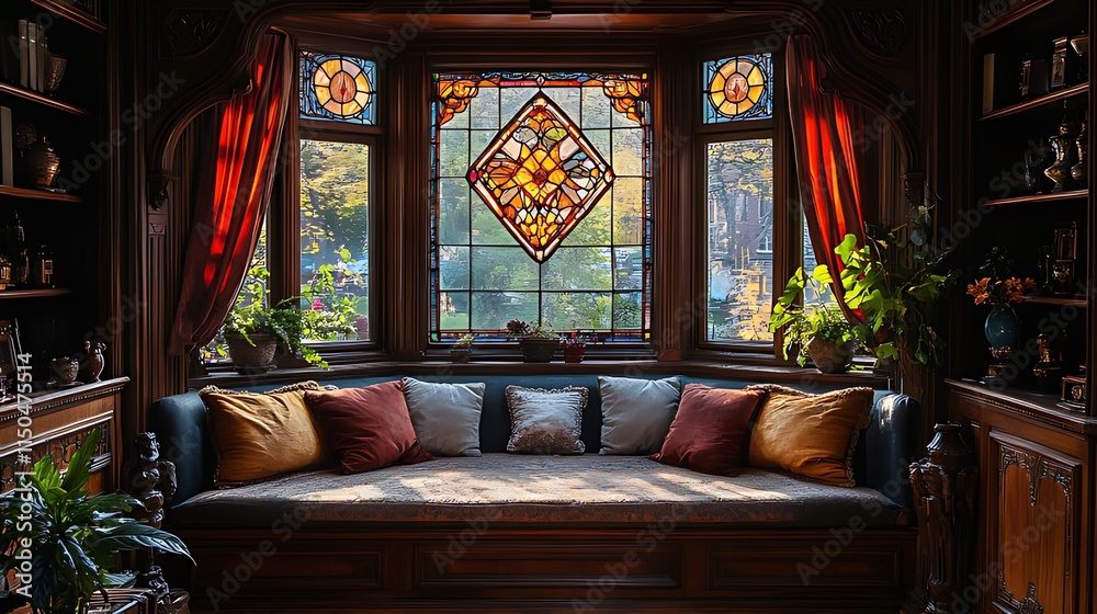 Sunlit bay window seat with stained glass, bookshelves, and plants in a ...