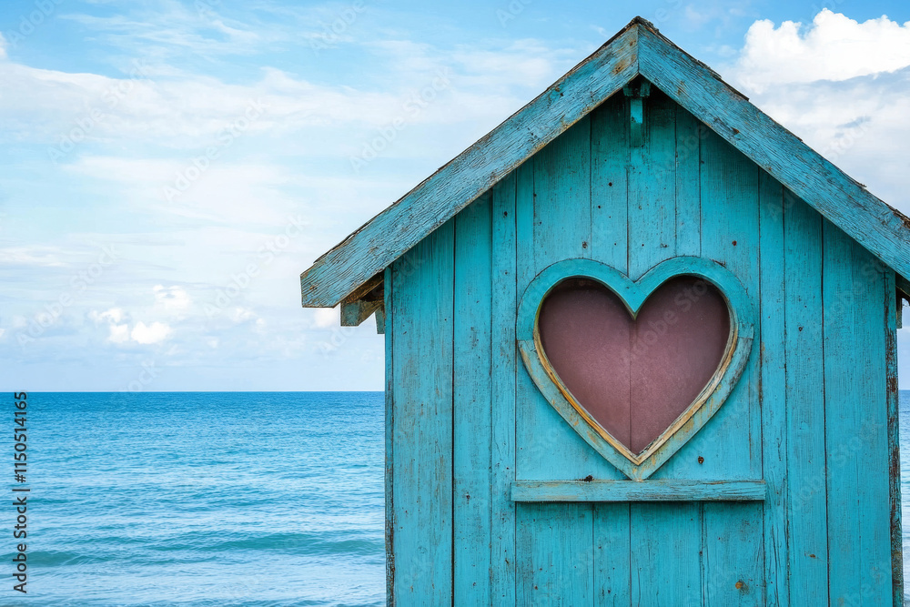 Charming blue beach hut with heart-shaped window by the ocean on ...