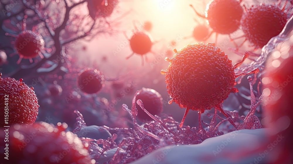 Advanced 3D depiction of stem cells in a cellular environment; vibrant ...