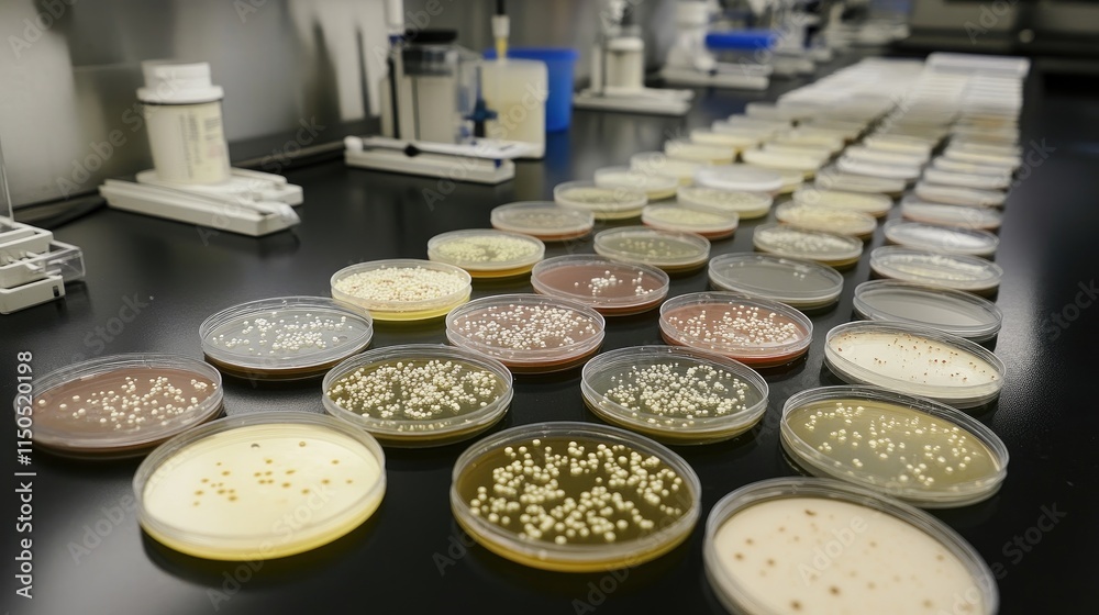 Sterile lab bench with an array of petri dishes holding bacterial ...