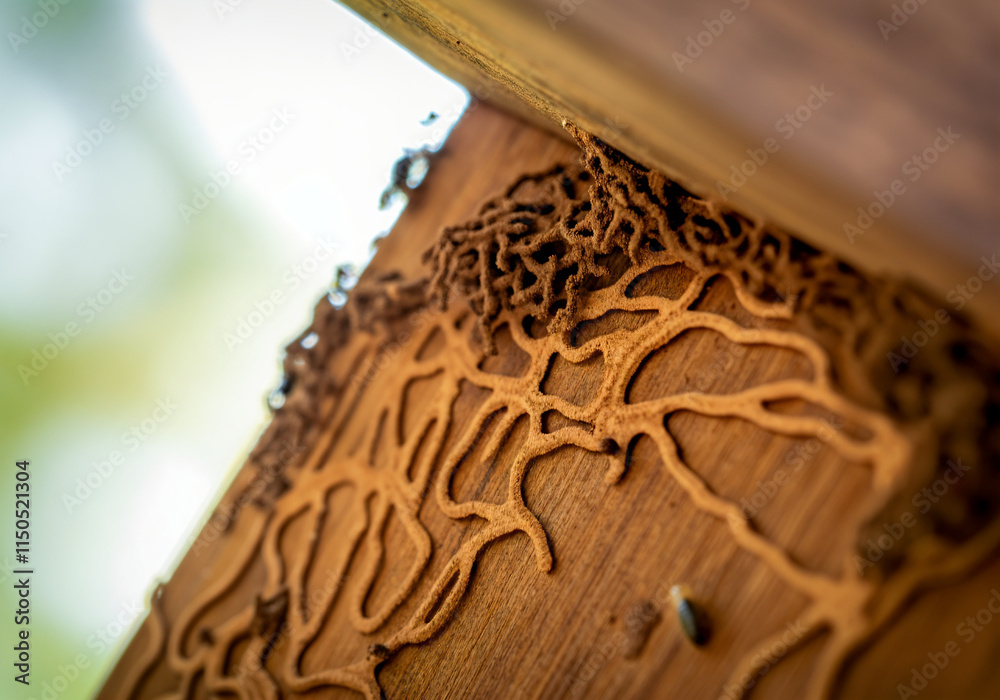 Close-up of termites building mud tubes on a wooden beam, highlighting ...