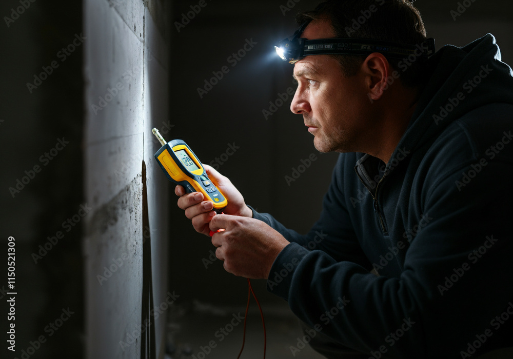 Construction worker using a moisture meter to check humidity level on a ...