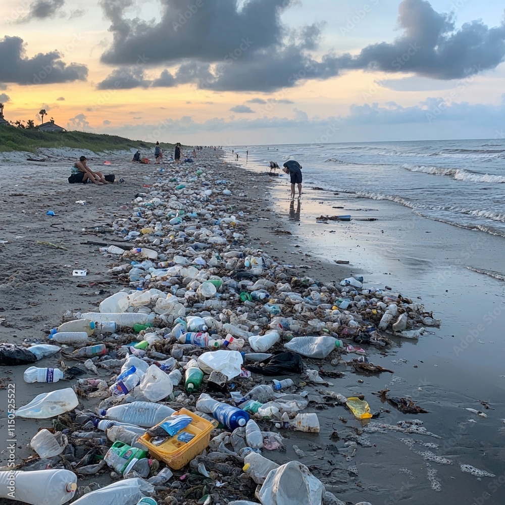Pollution along the shoreline during sunset highlights the ...