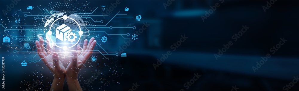 Hands holding globe with network connecting data of supply chain ...