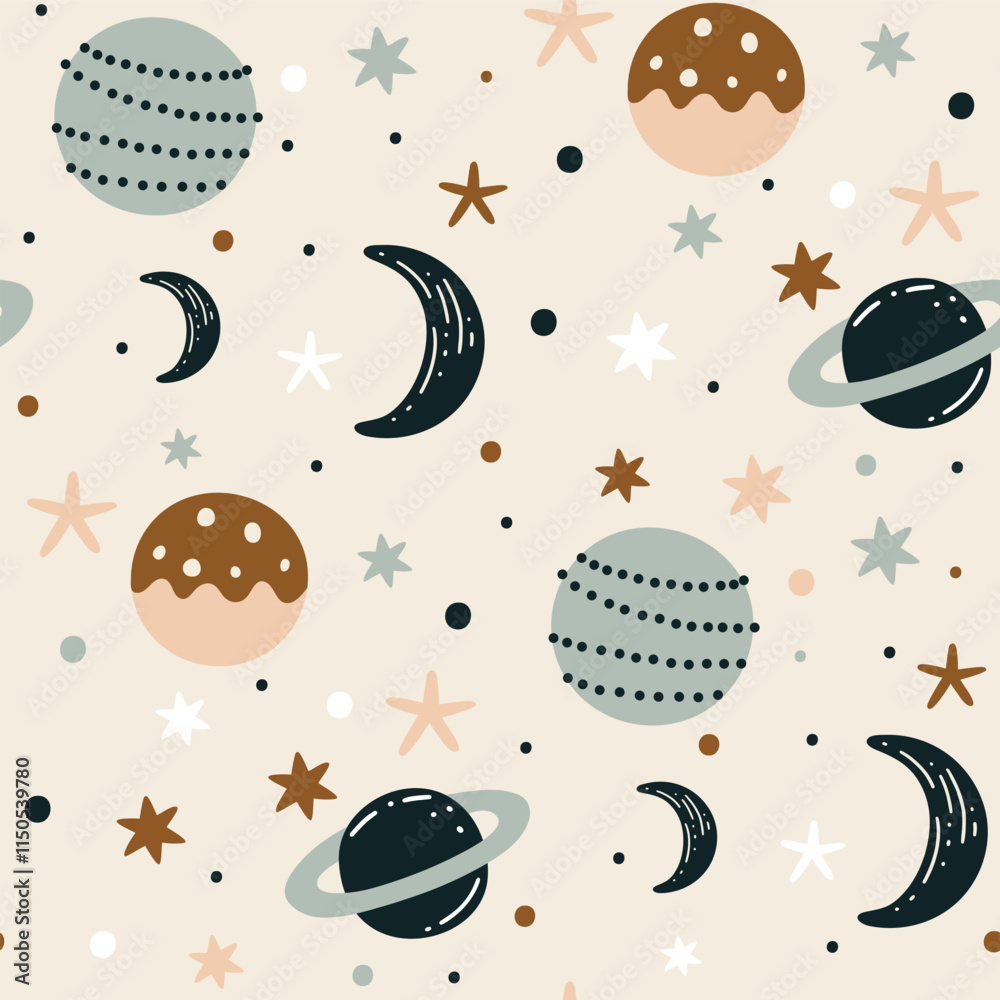 Cute cartoon seamless pattern with planets, stars and moons. Vector ...