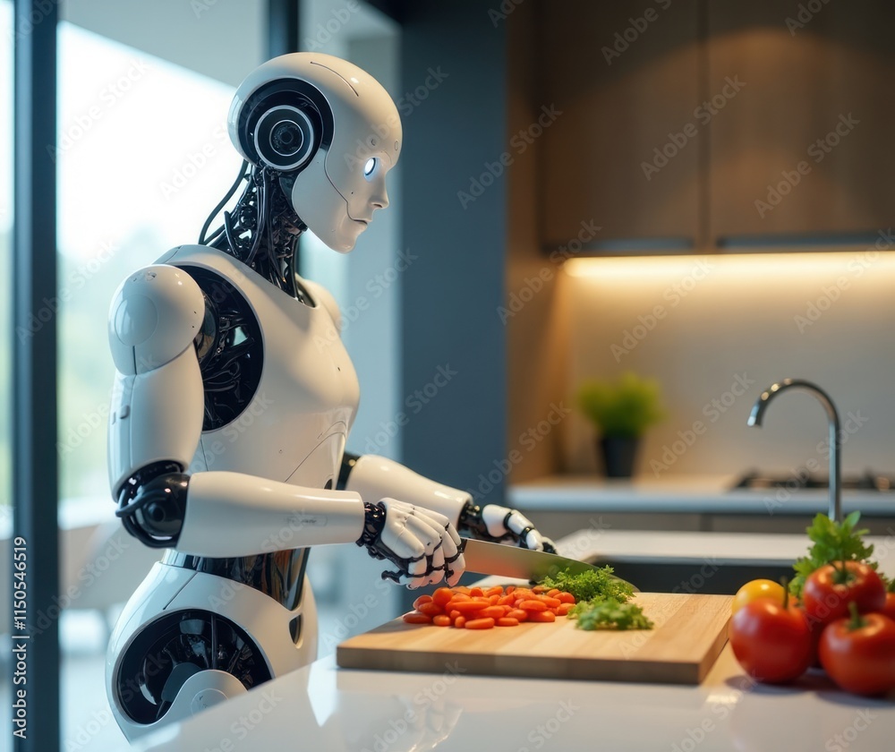 Humanoid Robot Assisting in a Modern Kitchen. Ideal for depicting the ...