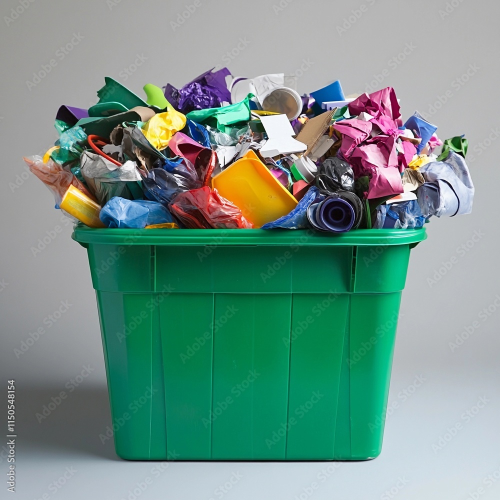 Trash bin overflowing with colorful recyclable materials in a clean ...