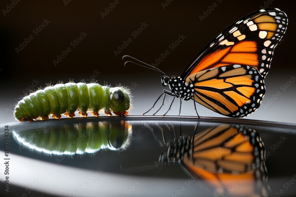 Caterpillar transforms into butterfly on reflective surface in close-up ...