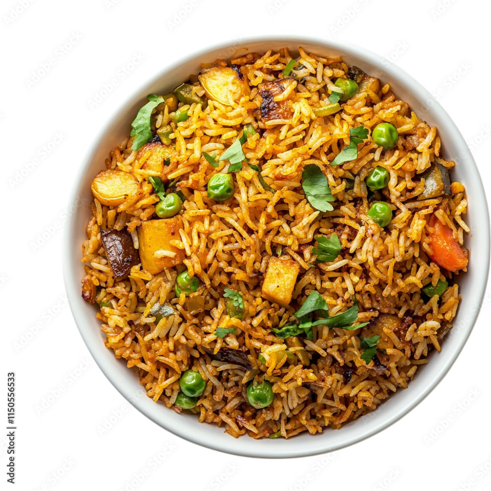 Vegetable biryani in a white bowl top view isolated on a transparent ...