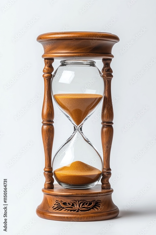 Elegant wooden hourglass showcasing time passing with sand in a clear ...